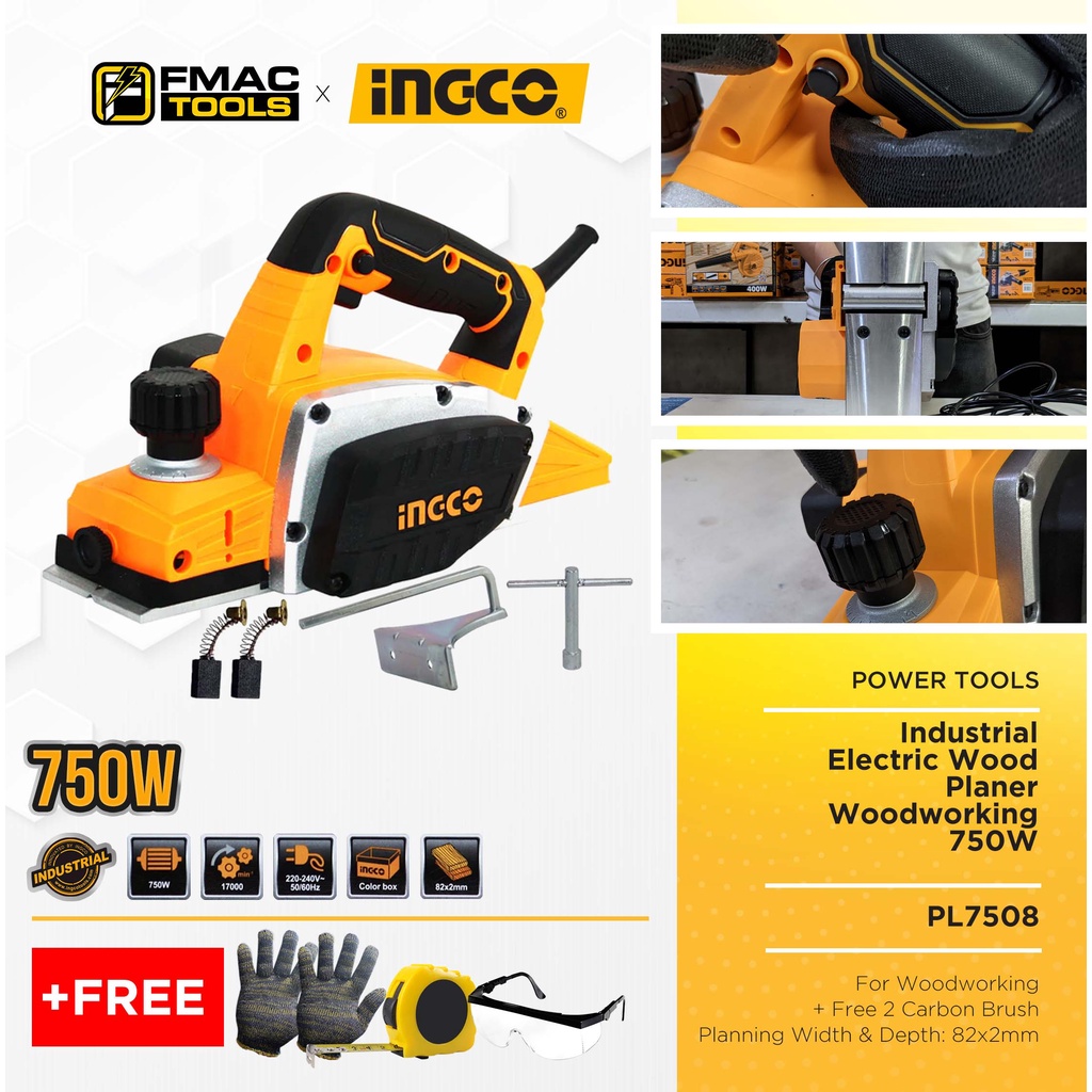 INGCO Industrial Electric Wood Planer Woodworking 750W PL7508 ...