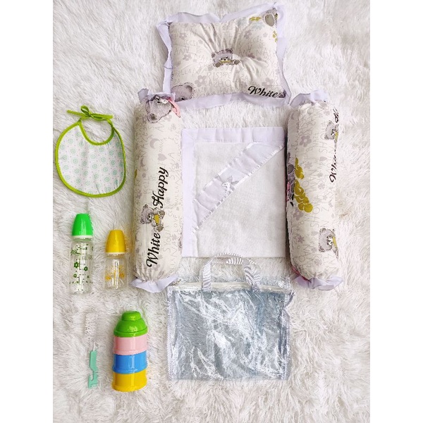 ☑♕10 in 1 Bolster set with Baby hood Pranela and feeding bottle set for ...