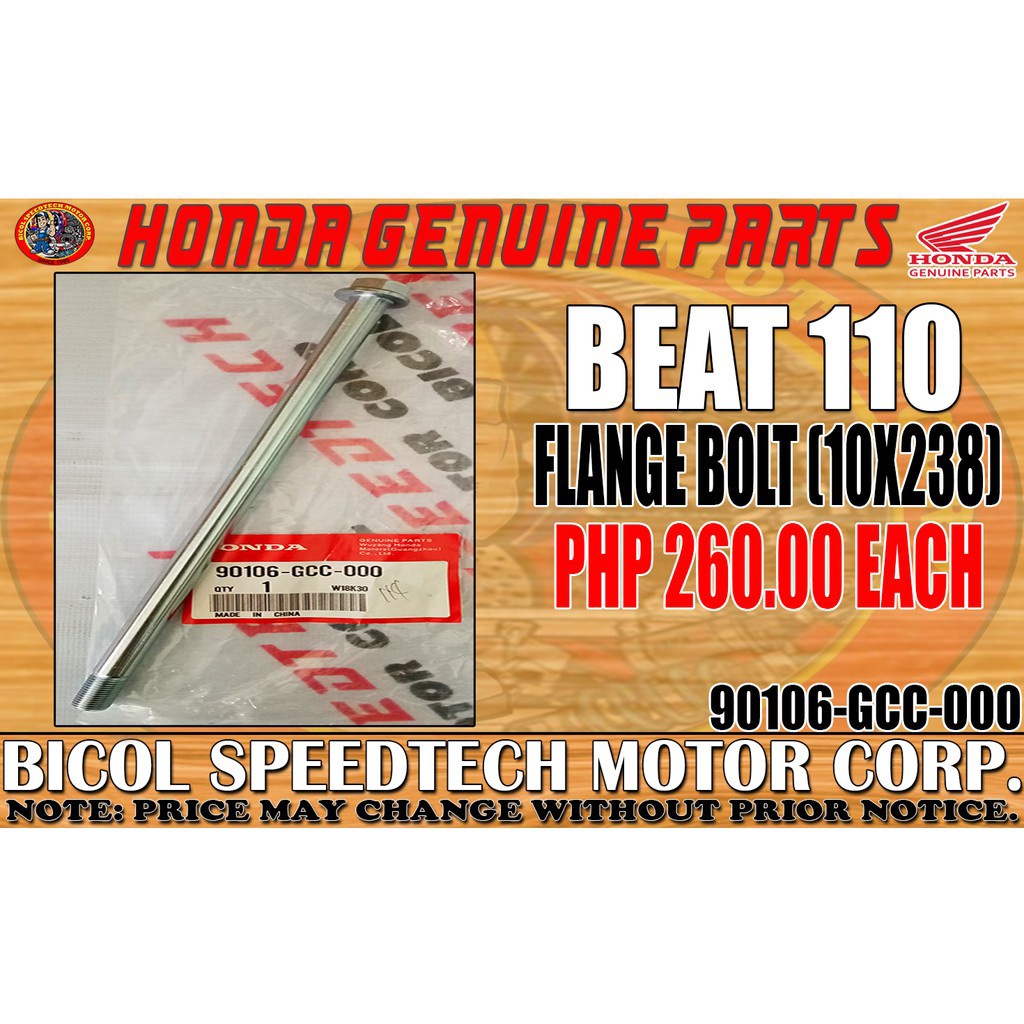 BEAT 110 ENGINE HANGER FLANGE BOLT 10X238 (HPI) (GENUINE: 90106-GCC-000 ...
