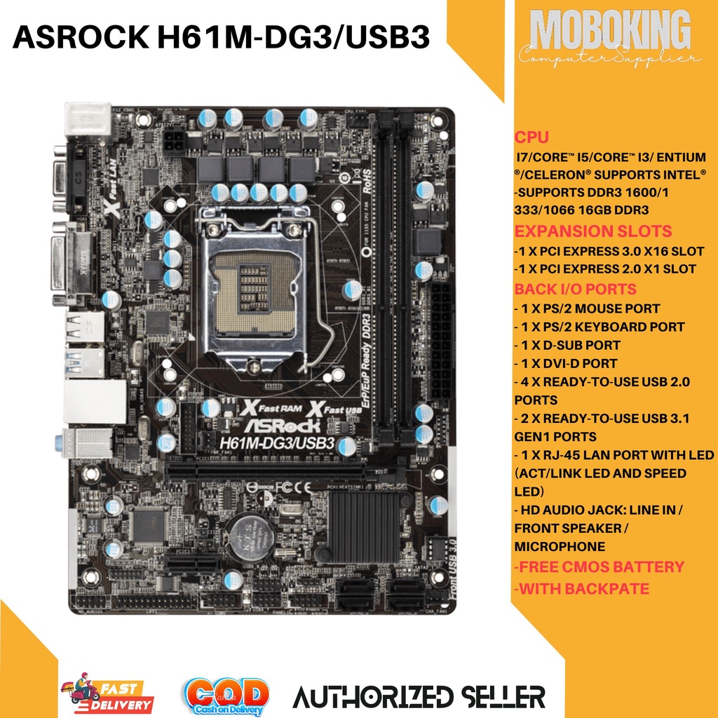 ASROCK H61M-DG3/USB3 Desktop 3/2 GEN Motherboard H61 Socket LGA 1155 i3 ...