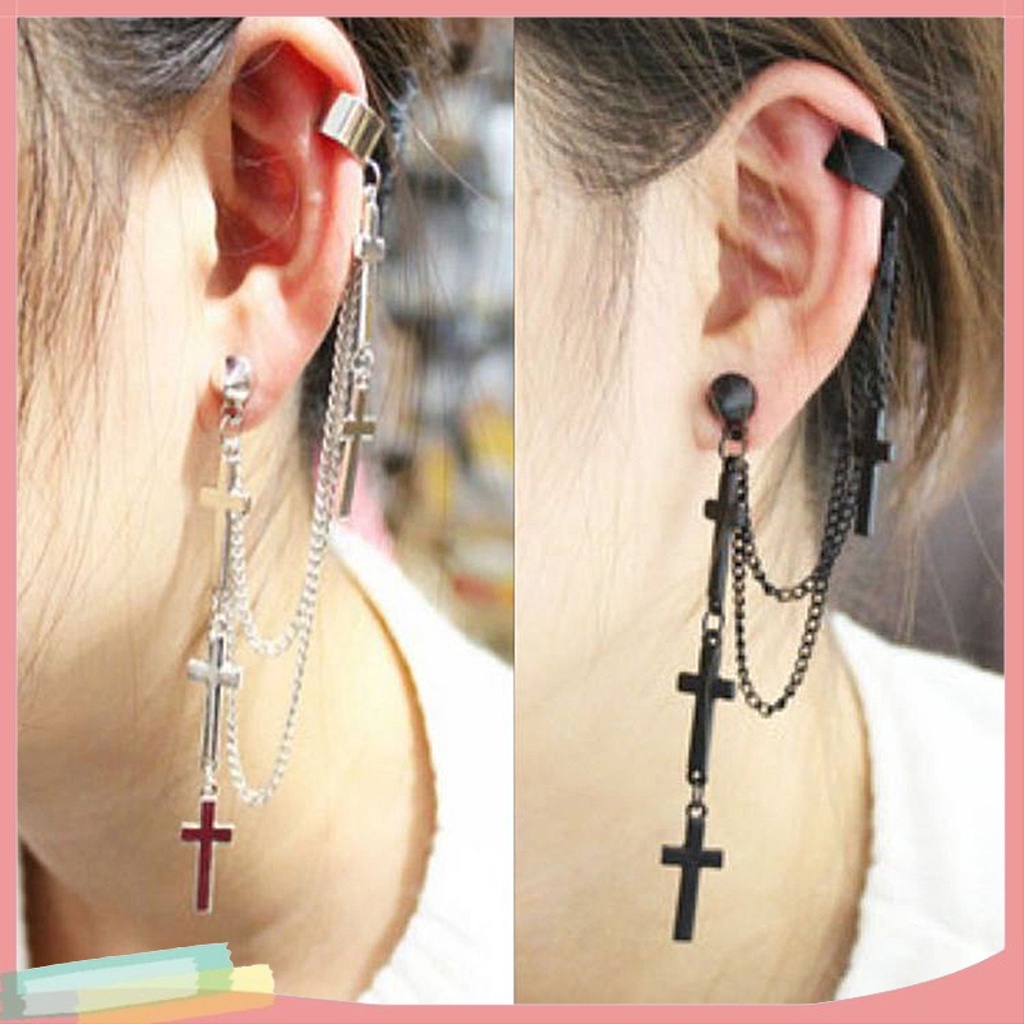 [LK] Gothic Punk Cross Long Tassel Chain Ear Cuff Stud Clip Earrings ...