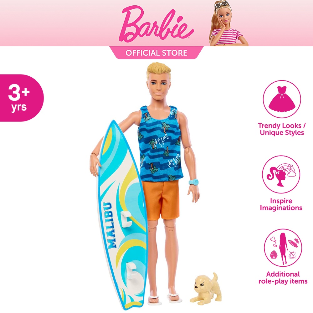 ♦Barbie Fab Barbie The Movie Poseable Blonde Ken Doll with Surfboard ...