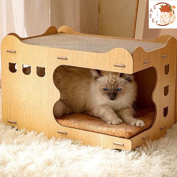 Pet Cabin Wood Cat House Assemblable Wood Board Bed Funny Toy Scratcher ...