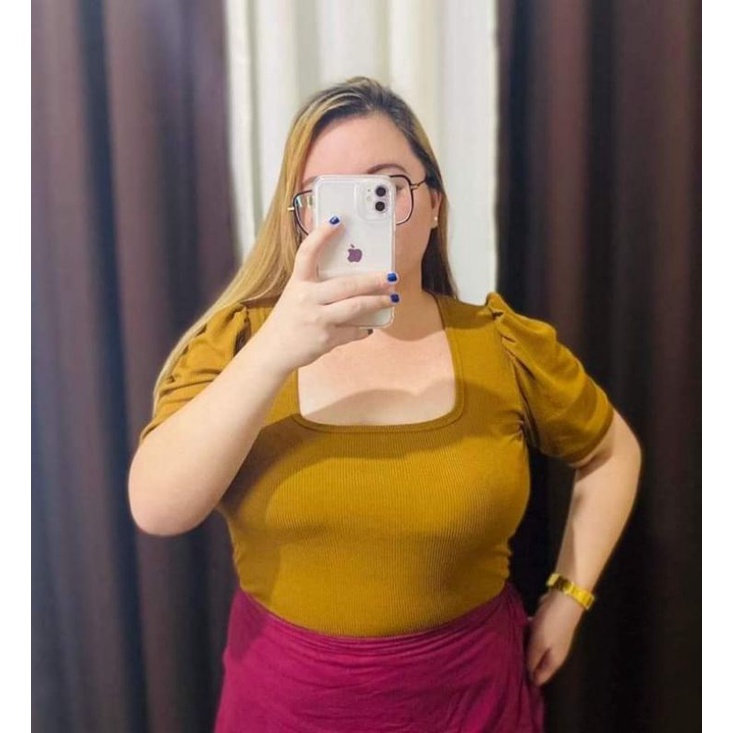 2XL Plus Size Knitted Squareneck Puff Sleeve Basic Plus Size Blouse Top ...