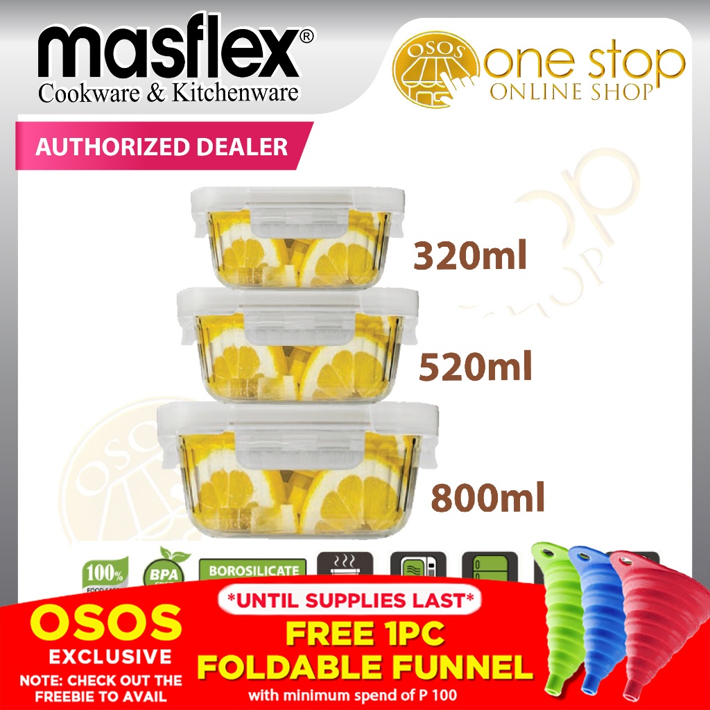 Masflex Original 320ML/520ML/800ML Airtight Deluxe Square Glass Food ...