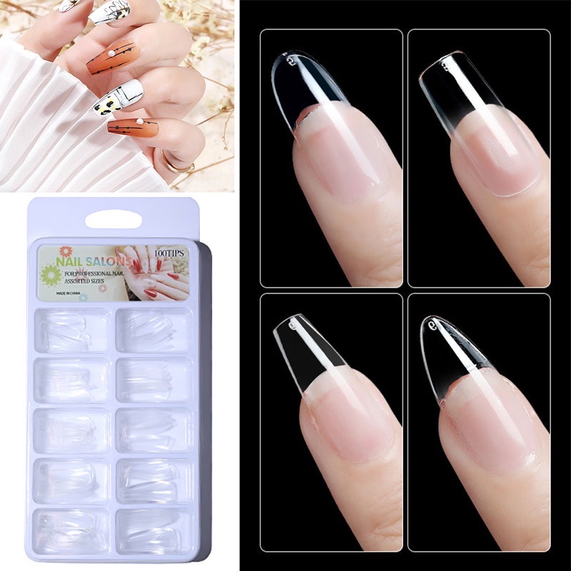 100Pcs Seamless Clear Fake Nails Natural Full Cover Acrylic French Nail ...