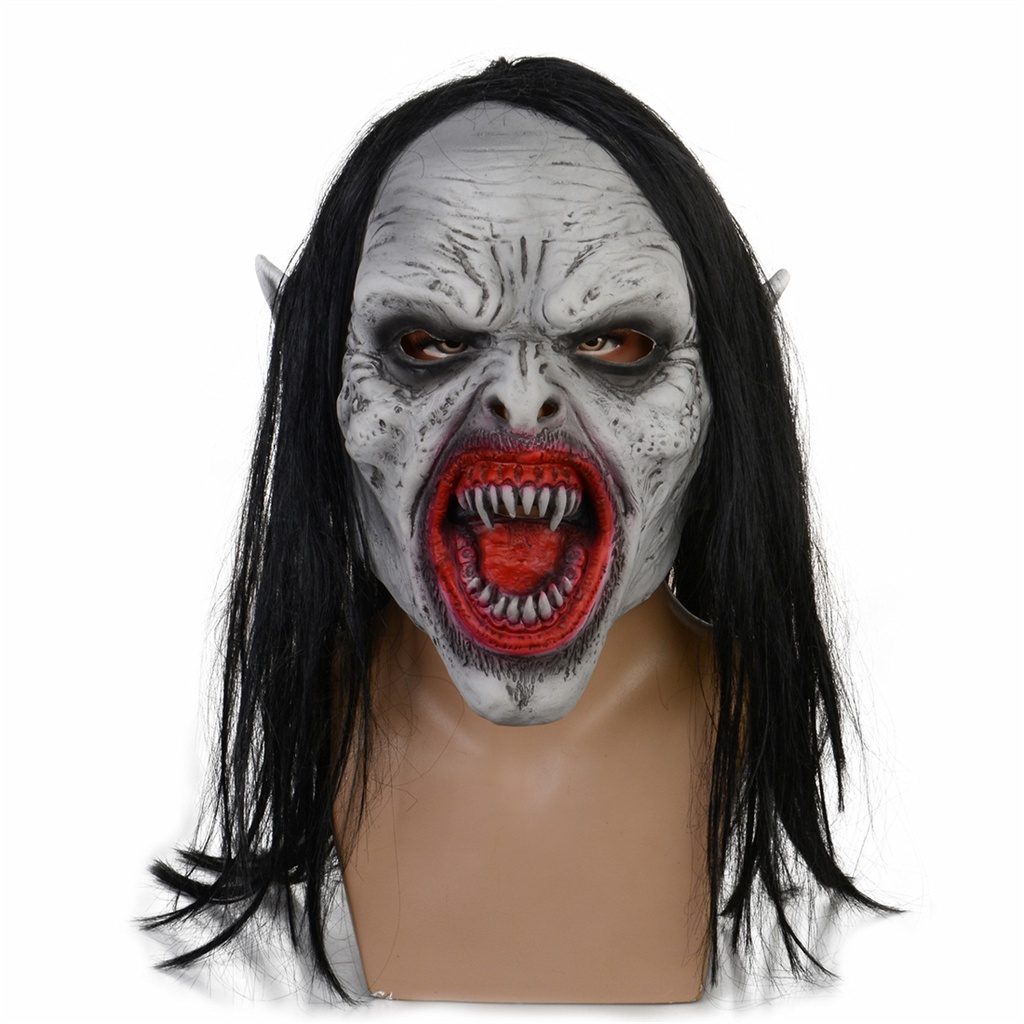 Black-haired Fanged Vampire Mask Halloween Headgear Latex Helmet ...