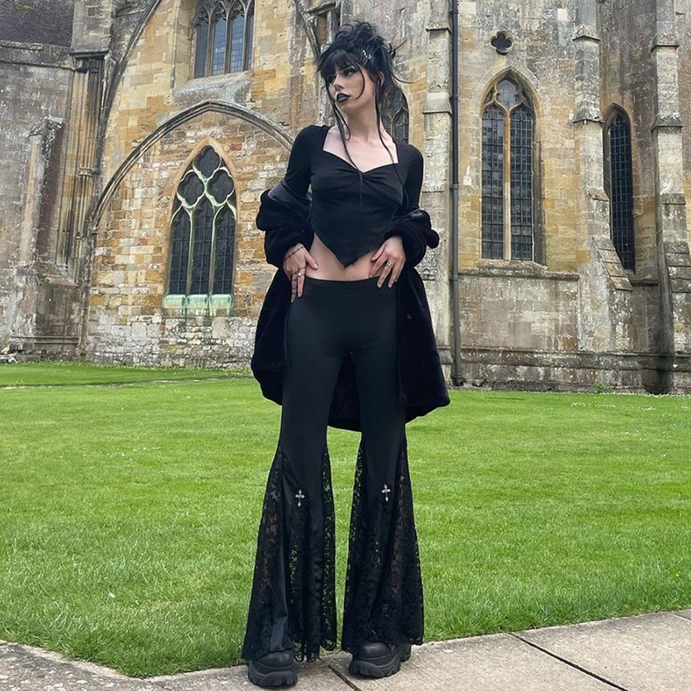 Black Lace Flared Pants Cross Baddie Outfit Alt Harajuku Clothes Cos ...