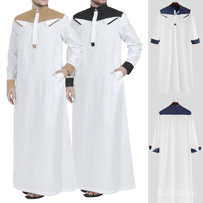 Thobe Muslim Size Pocket Men Islamic Clothing Solid contrast Color Arab ...