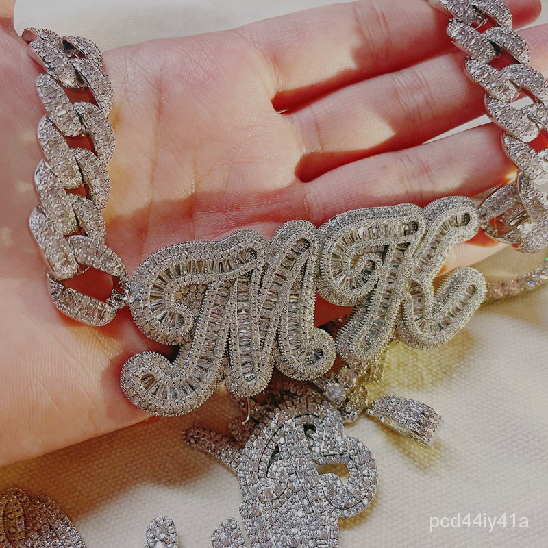 Personalized Iced Out Baguette Cursive Font Custom Name Letters Pendant ...