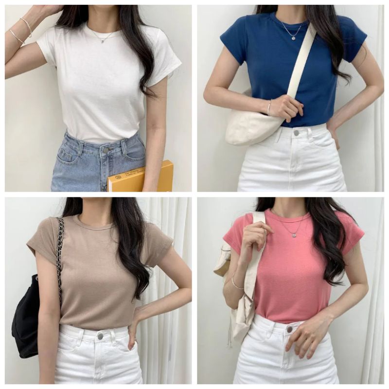 women fashion body hugging top plain round neck blouse short sleeves ...