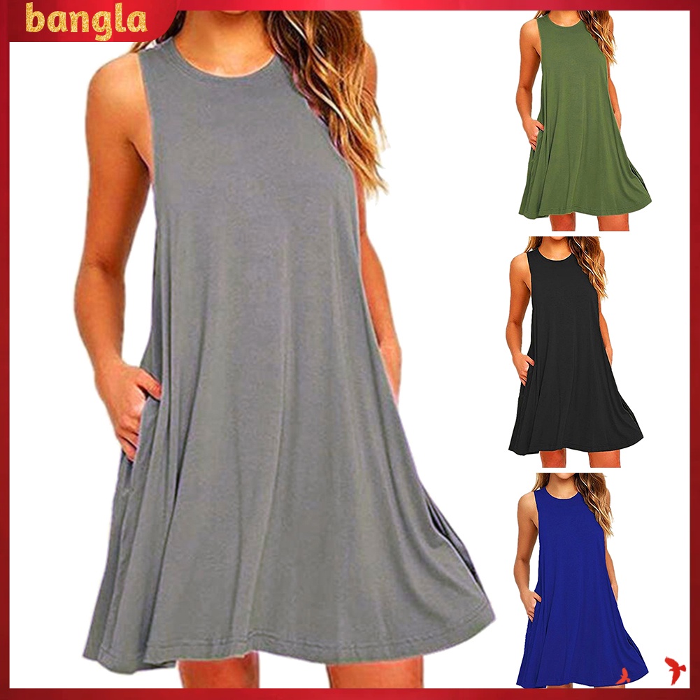 [Bangla] Beach Summer Women Sleeveless Pocket Swing Sundress Solid ...