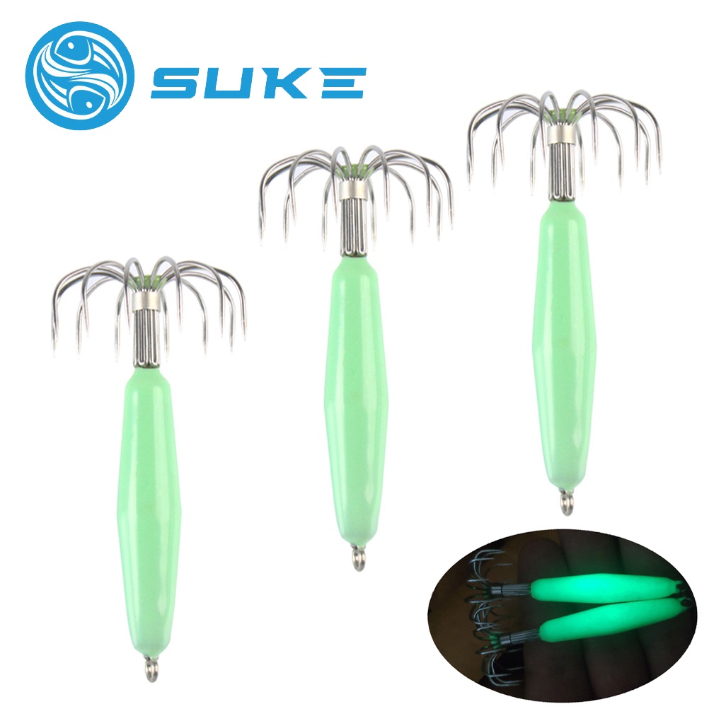 SUKE Stainless Steel Luminous Squid Hook Without Barb 12 Needle Umbrella Hook Squid Lures Fish ...