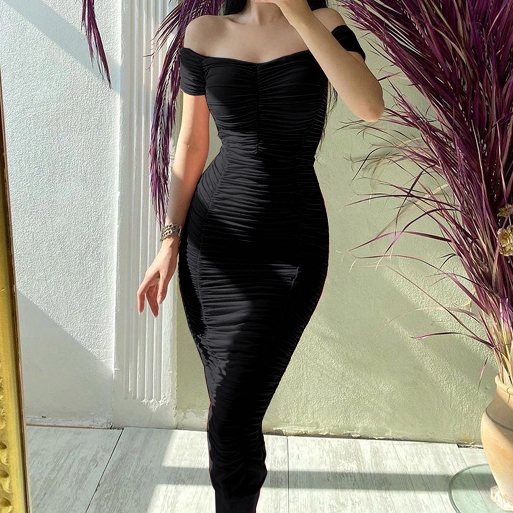 Women Sexy Solid Pleated Bodycon Long Dress Elegant Strapless Backless ...
