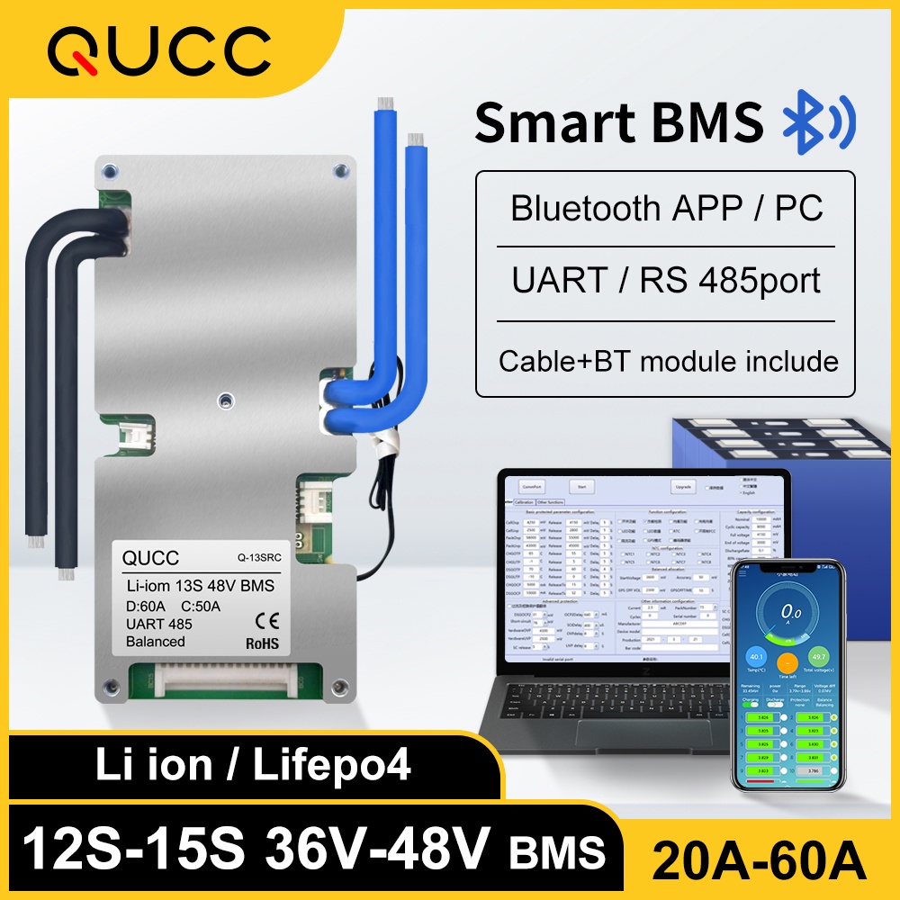 Qucc Smart BMS 48V 13S 14S 15S 12S 36V 20A 30A 40A 50A 60A Li ion Lifepo4 bms UART RS485 Port ...