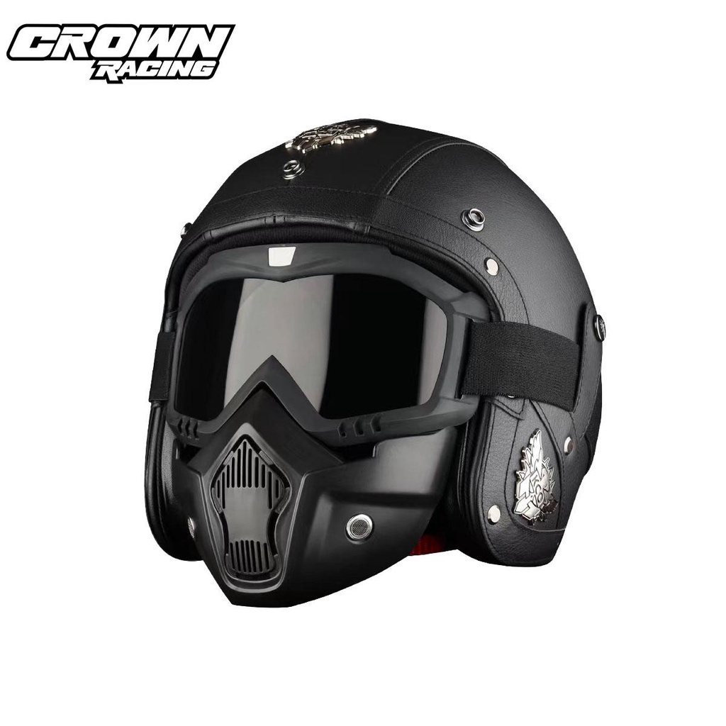 Crown Racing Vintage Motorcycle Safety Men's 3/4 Open Helmet Locomotive ...