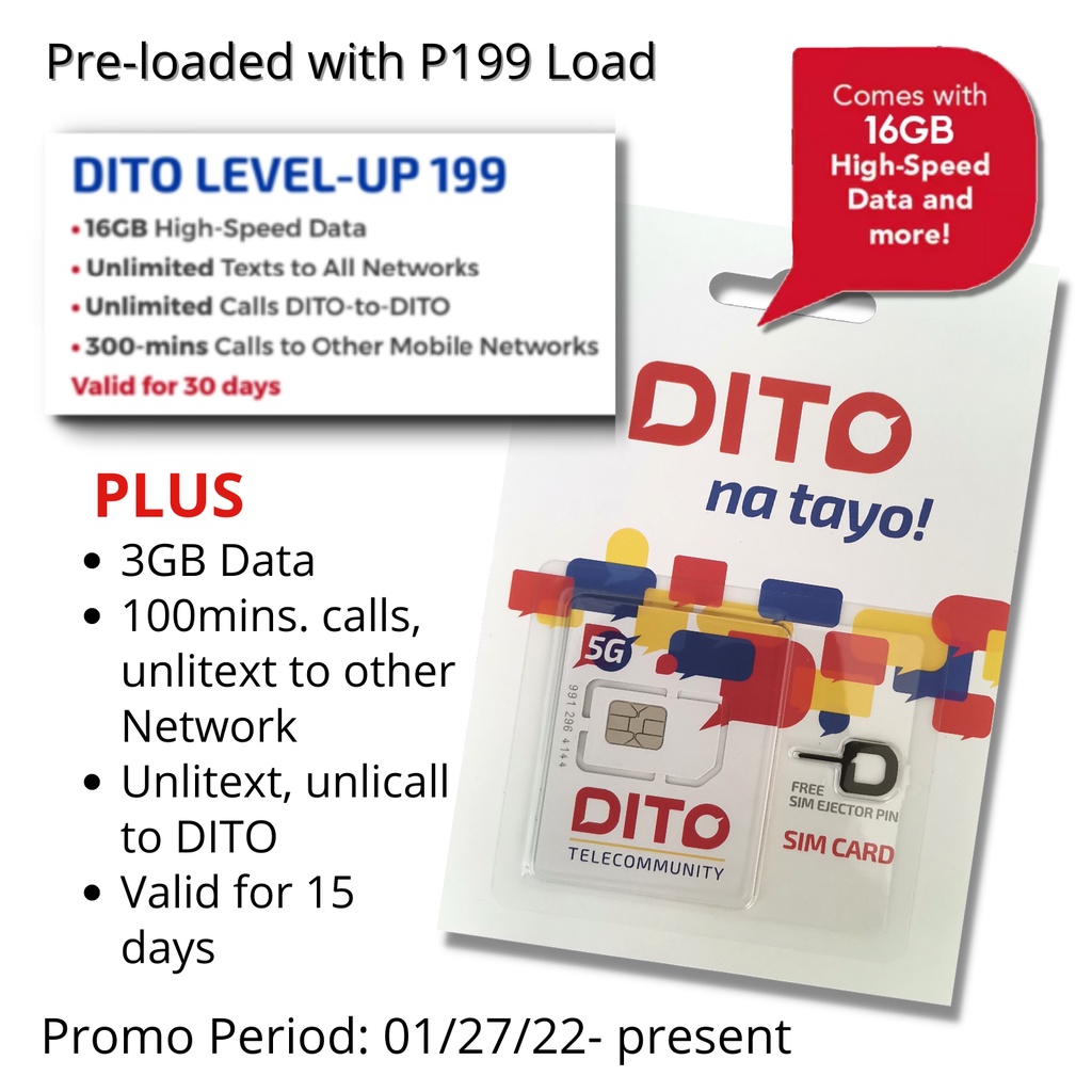 DITO SIM Card Pre-loaded with P199 5G Tri-cut w/ additional 3GB Data no ...