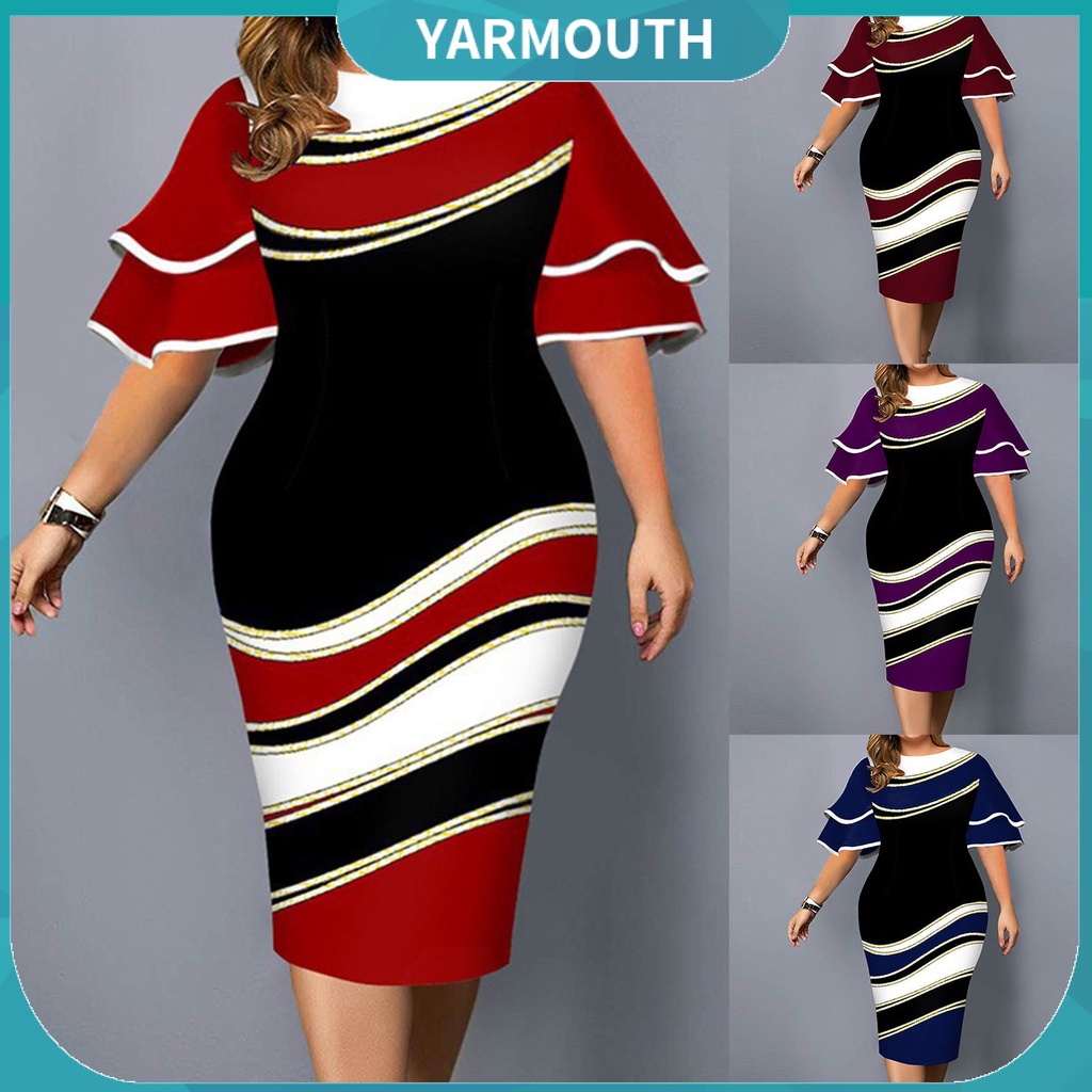 YYR-Formal Dress Digital Print Fly Sleeve Plus Size Crew Neck Slit Hem ...