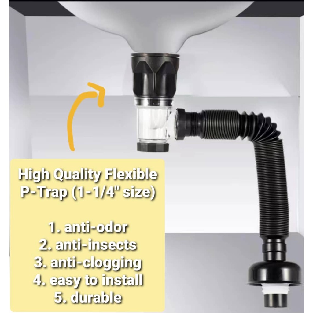 ♟Kitchen Sink Strainer with Flexible P-Trap 1-1/4" Heavy Duty Anti-Odor ...