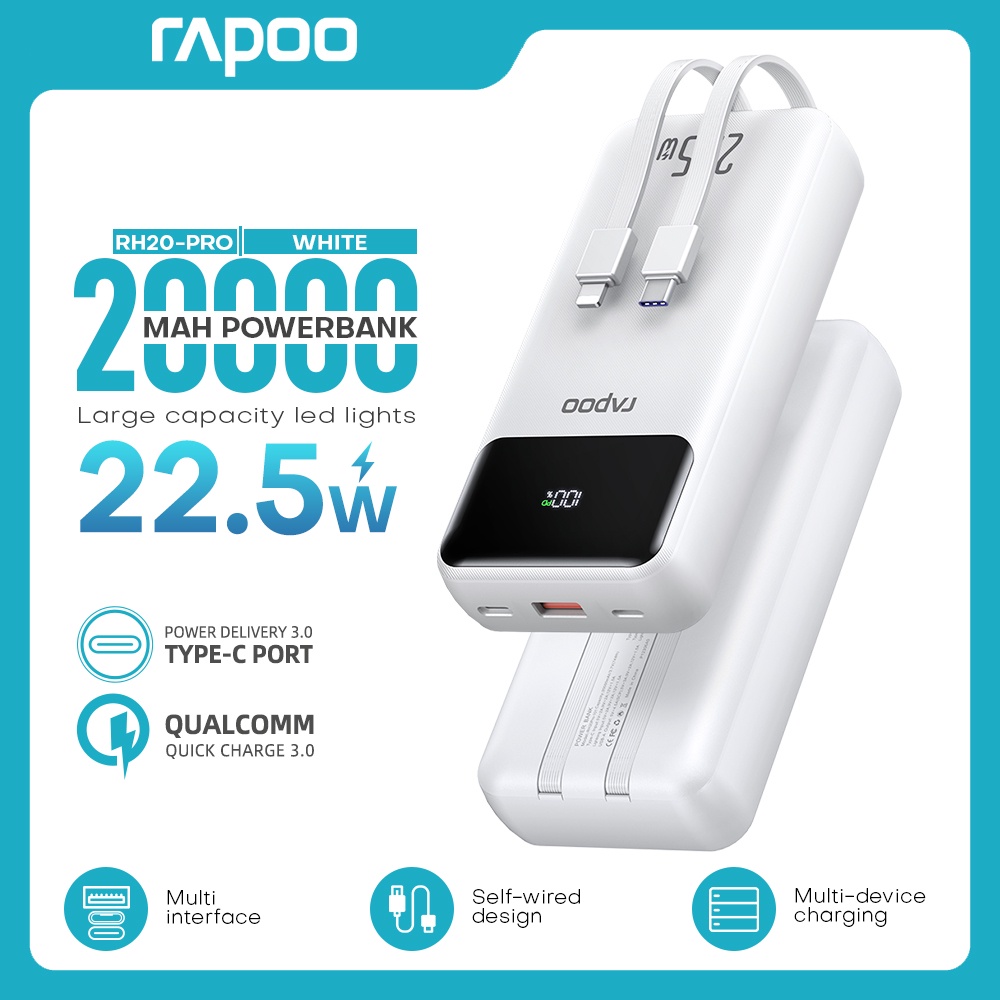 Rapoo RH20pro 20000mAh 22.5W Powerbank with Built in Cable Digital ...