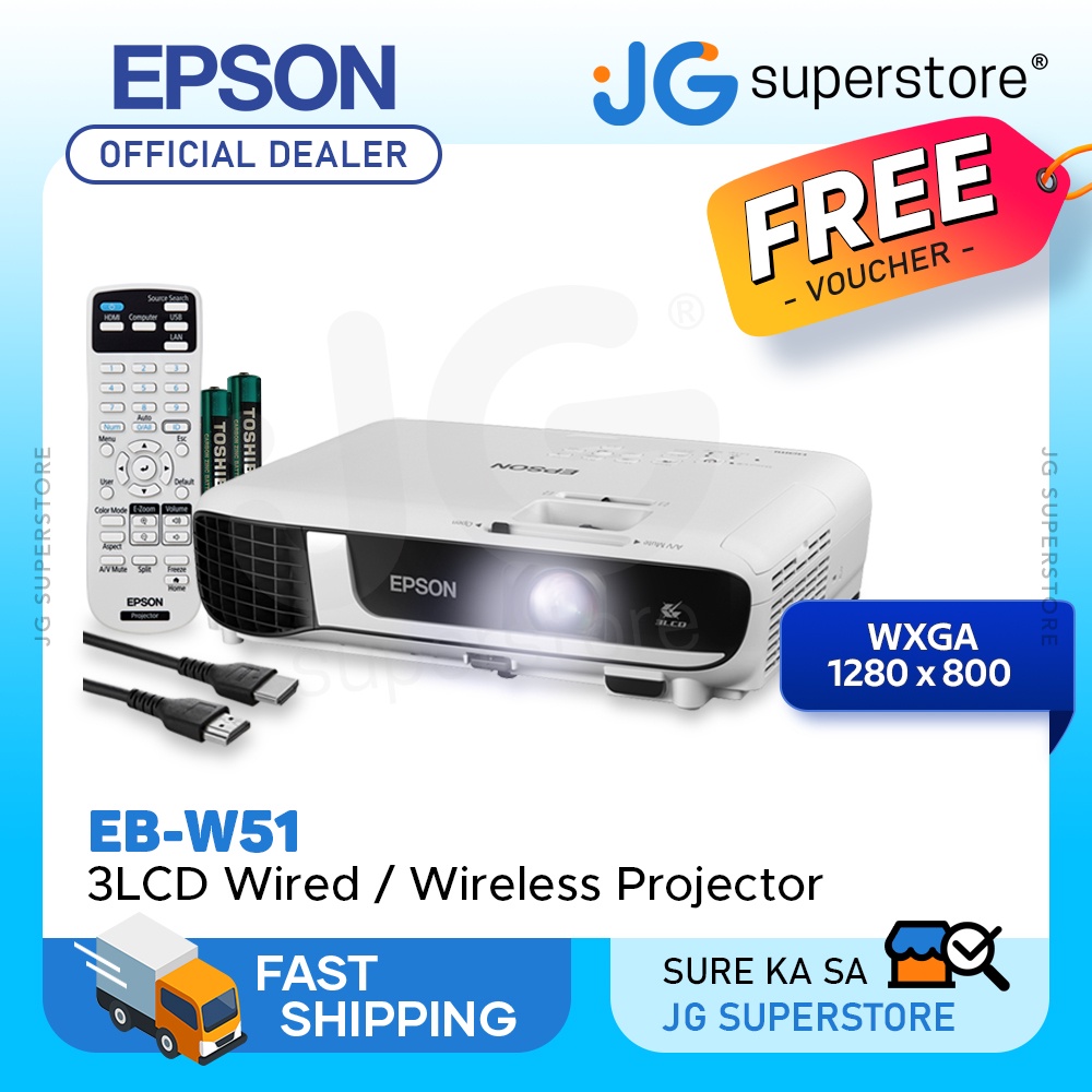 Epson EB-W51 WXGA 3LCD Wireless Projector USB HDMI with Split Screen Function, 12,000 Hours ECO ...