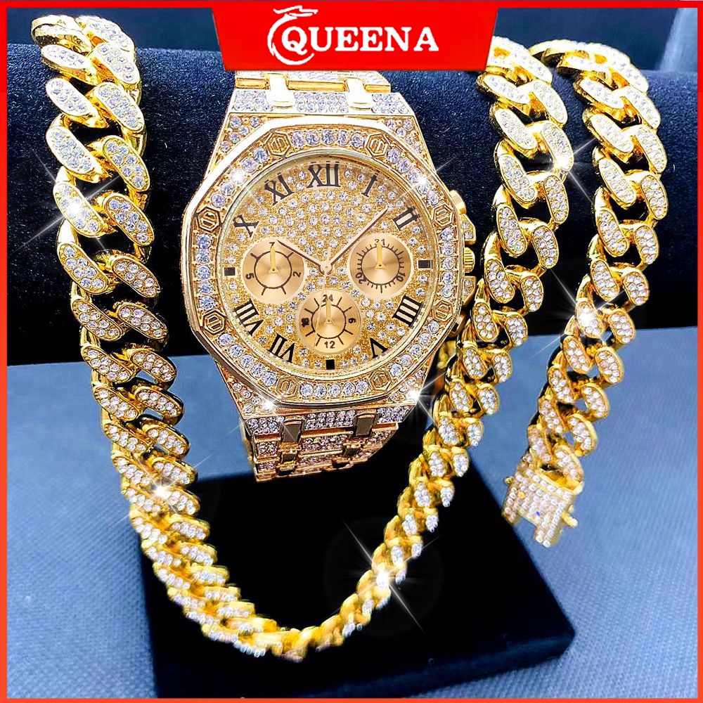 Men's Hip Hop Diamond Set Watch Miami Cuba Necklace Bracelet Diamond ...
