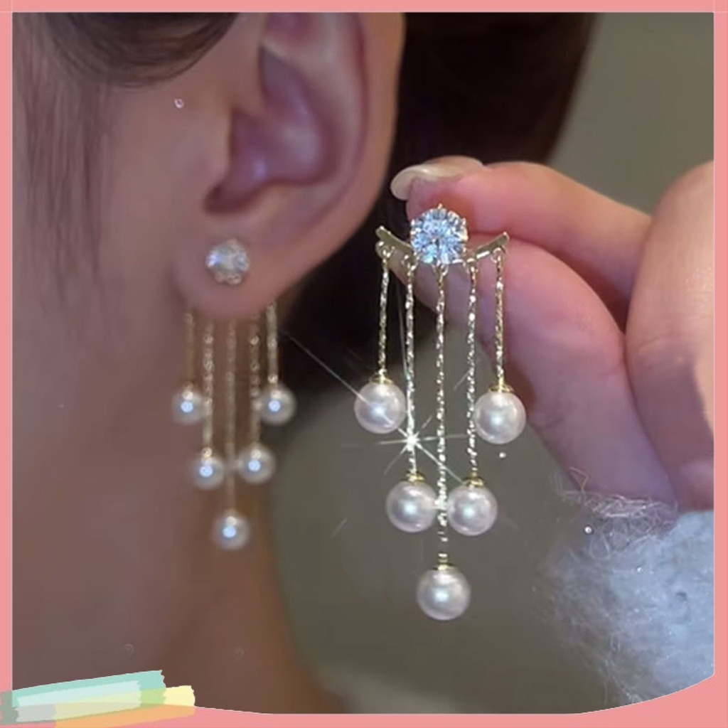 [LK] 925 Sliver Pearl Long Tassel Earrings Faux Pearls Tassels Jewelry ...