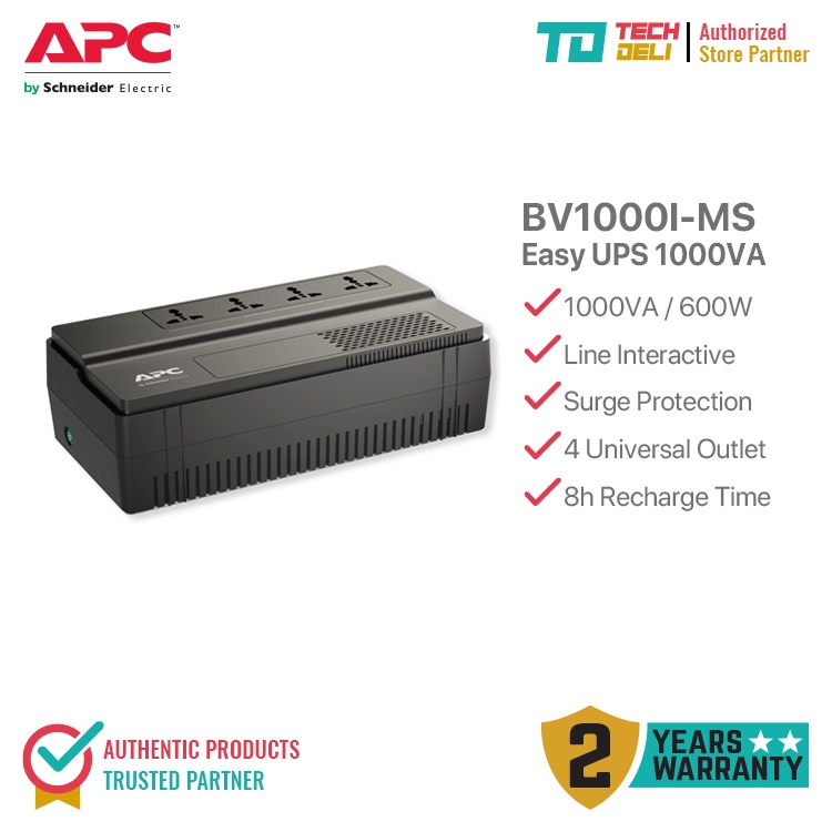 APC BV1000I-MS, Easy UPS, 1000VA, Floor/Wall Mount, 230V, 4x Universal Outlets, AVR, 2 Years ...