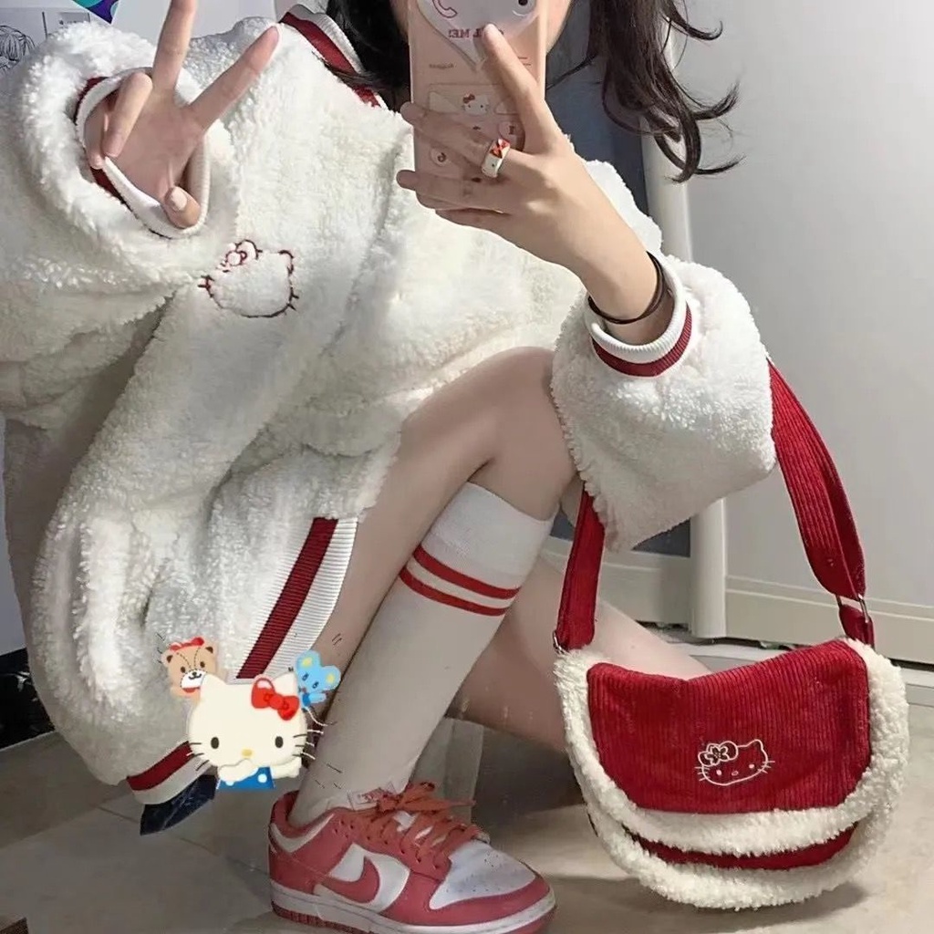 [READY Stock] Korean Cute Hello Kitty Embroidered Lamb Plush Stitching ...