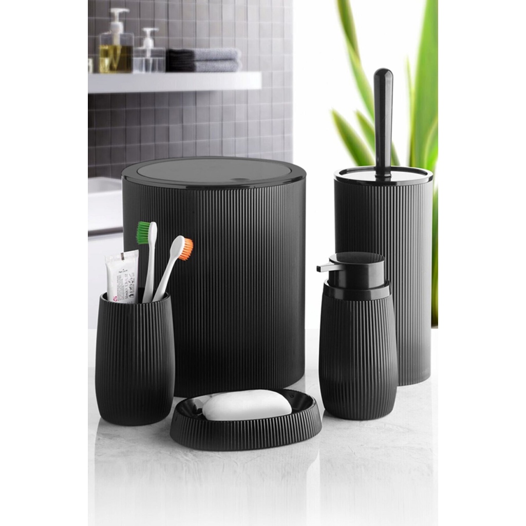 ☋5 Pcs Bathroom Accessory Set Round Black Striped Bathroom Tools with ...