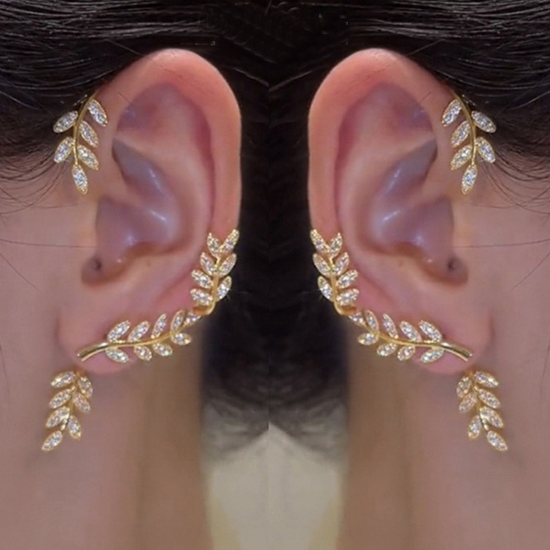 YOUJ Korean Crystal Leaves Clip Earrings Gold Silver Zircon Shining Ear ...
