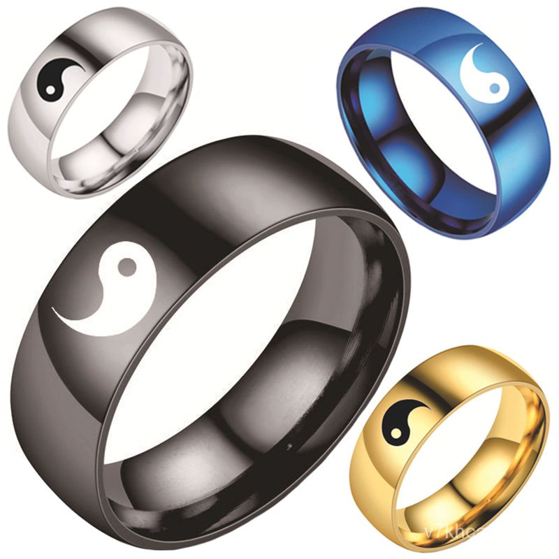 Yin Yang Couple Rings Tai Chi Logo Symbol Rings 8mm Titanium Stainless ...