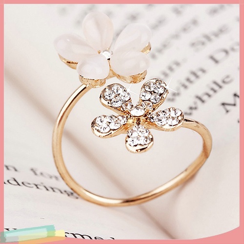 [LK] 1Pc Elegant Double Daisy Flower Ring Rhinestone Adjustable Open ...