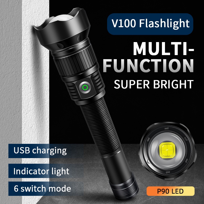Outdoor LED Rechargeable Tactical Flashlight V100 P90 Type-C Zoomable ...