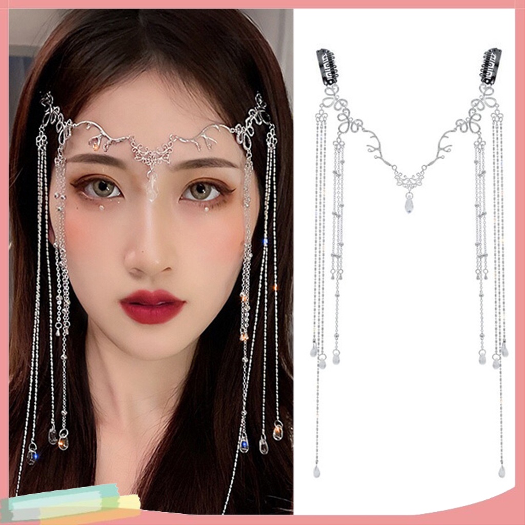 [LK] Elegant Long Tassel Forehead Chain Alloy Rhinestones Simple Drop ...