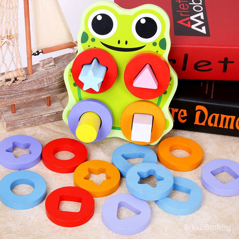 Cartoon frog shape four column toy wooden shape matching cognize kids ...