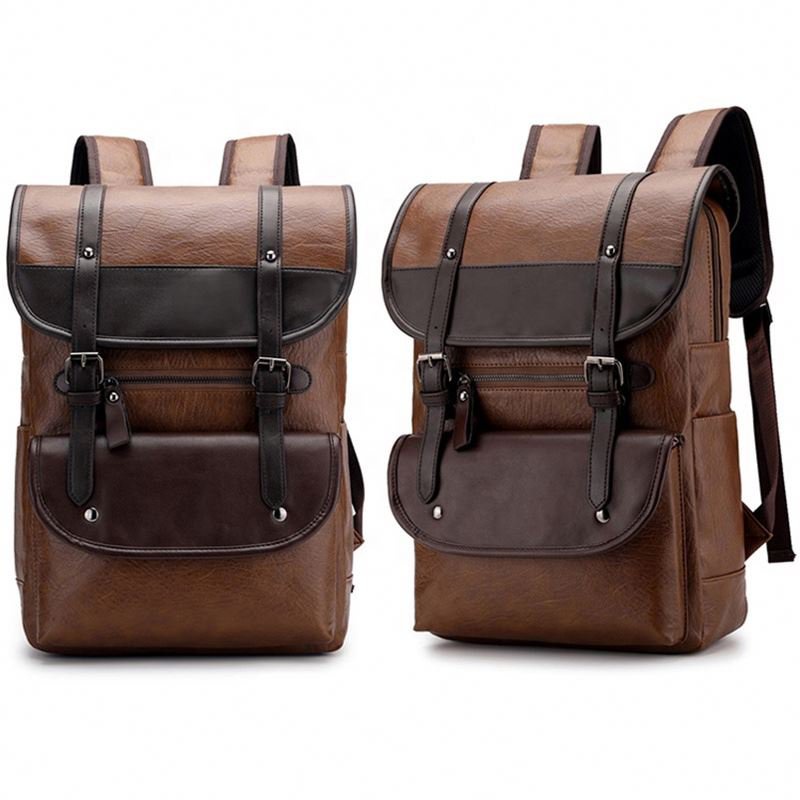PU Leather College School Bags Mens Bookbag Casual Rucksack 17 Inch ...