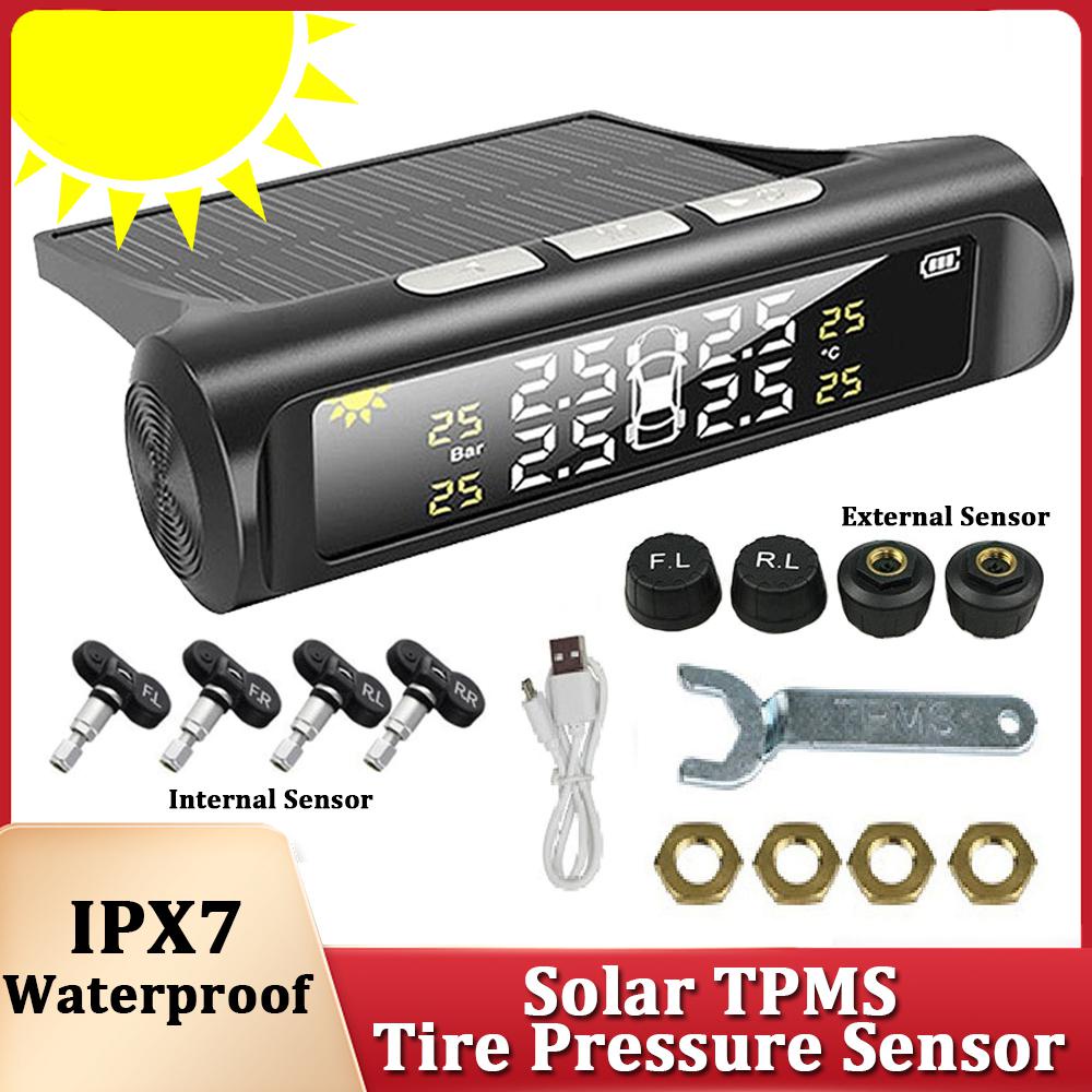 Solar TPMS Car Tire Pressure Monitoring System with 4 Internal External Sensors LCD Display Tyre ...