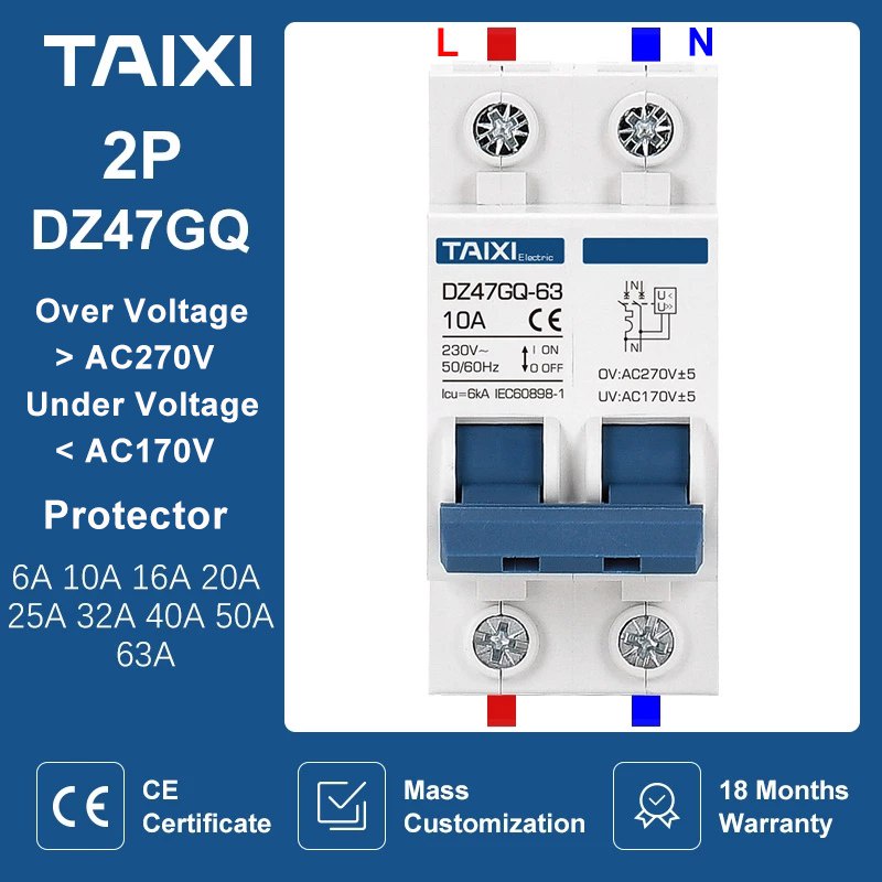 TAIXI MCB AC Circuit Breaker With Over Voltage Under Voltage ...