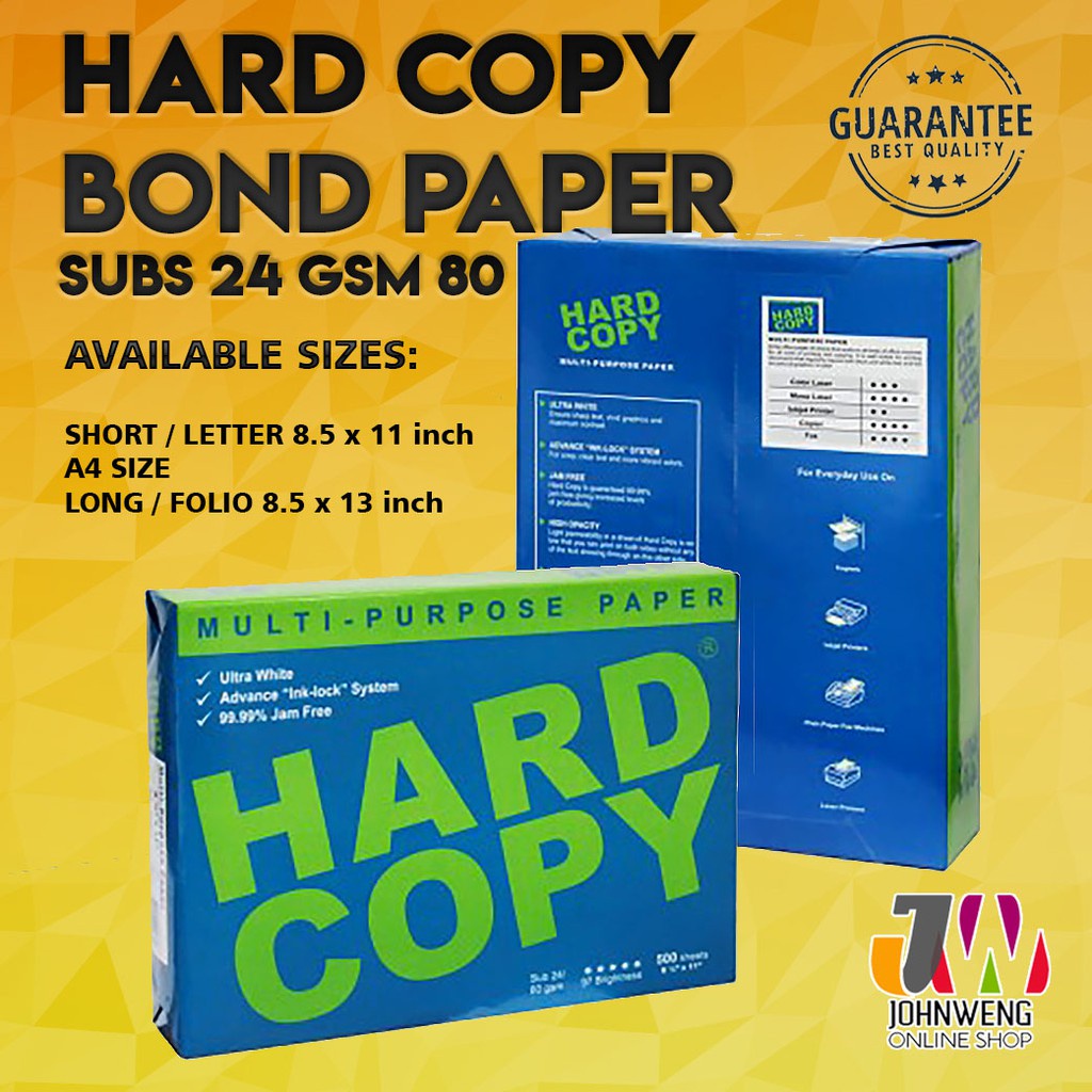 ♠HARD COPY BOND PAPER 80 GSM SUBS 24 (1 REAM) | Shopee Philippines