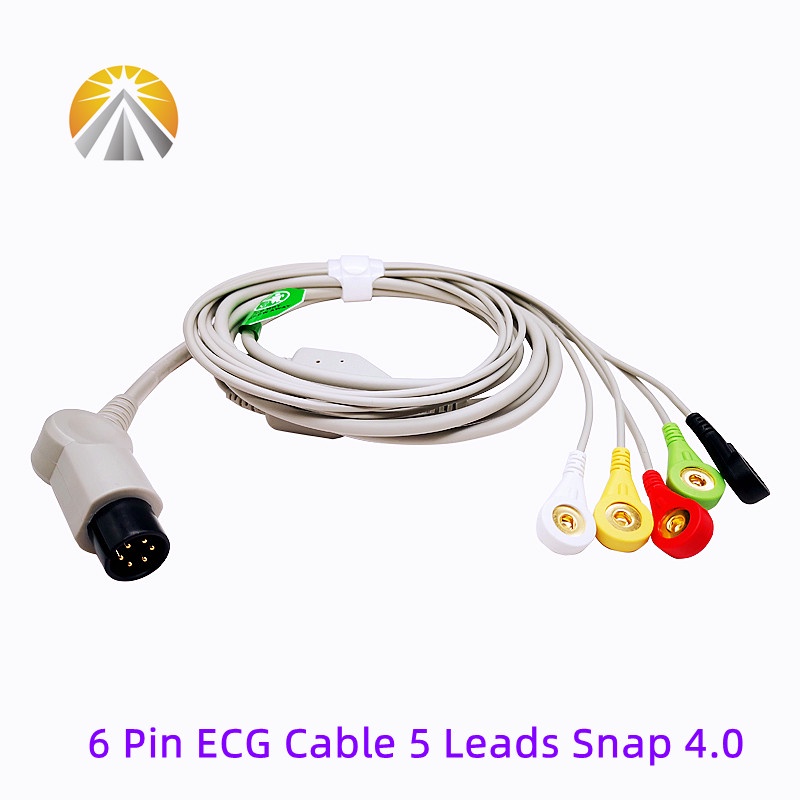 Generic ECG Cable One Piece 5 Lead Wires 6 Pin Snap 4.0 End IEC for ...