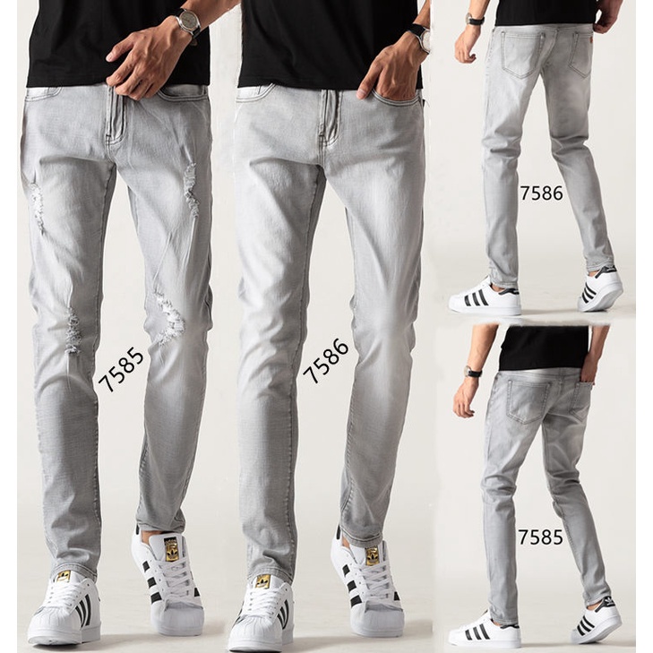 ۞Men's Fashion Acid Grey Plain and Tattered Ripped Jeans Unstretch ...