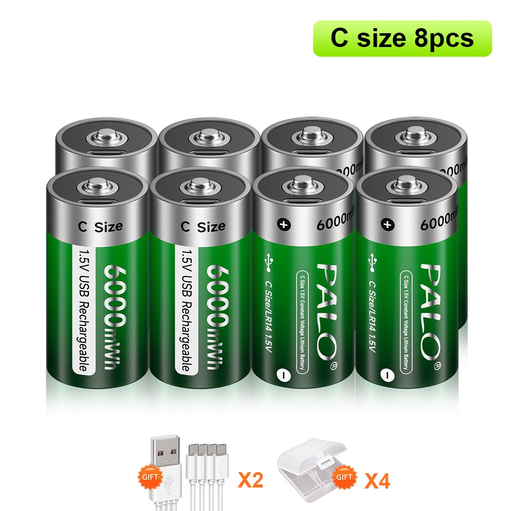 PALO 1.5V C Size Rechargeable Battery USB C Cell 6000mWh Lithium LR14 ... PALO 1.5V C Size Rechargeable Battery USB C Cell 6000mWh Lithium LR14 ...