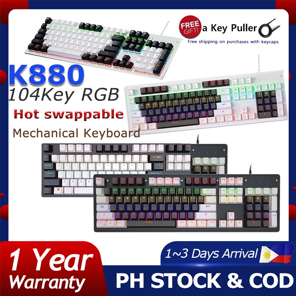 K880 104Key Mechanical Hot swappable Keyboard wired RGB Gaming Office PC computer keycaps for ...
