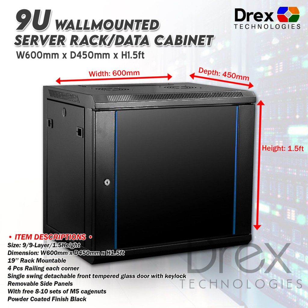 ♀ 9U 9-Layer Wallmounted Data CAbinet / Server Rack W=600 x D=450mm x H ...