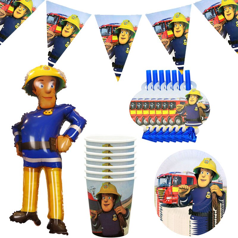 Fireman Sam Party Disposable Tablewar Paper Plates Cups Banner kids ...