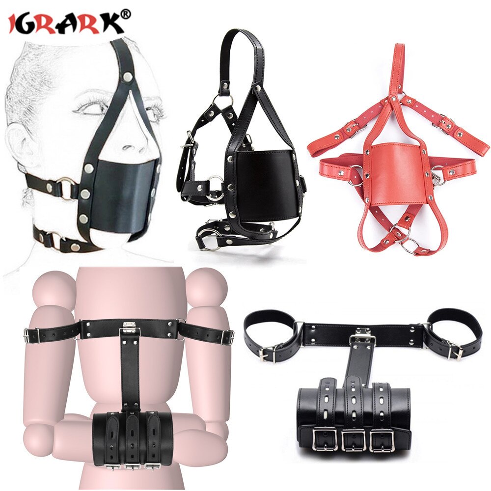 Leather Bondage Handcuffs Bdsm Armbinder Restraints Head Harness Fetish