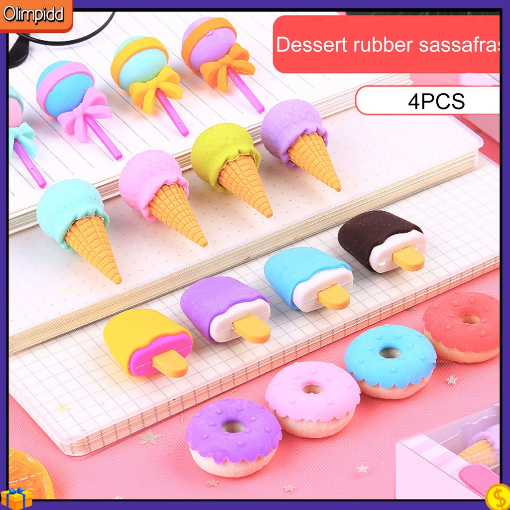olimpidd| Soft Erasers Erasers 4 Pcs Cute Food Erasers Lollipop Ice ...