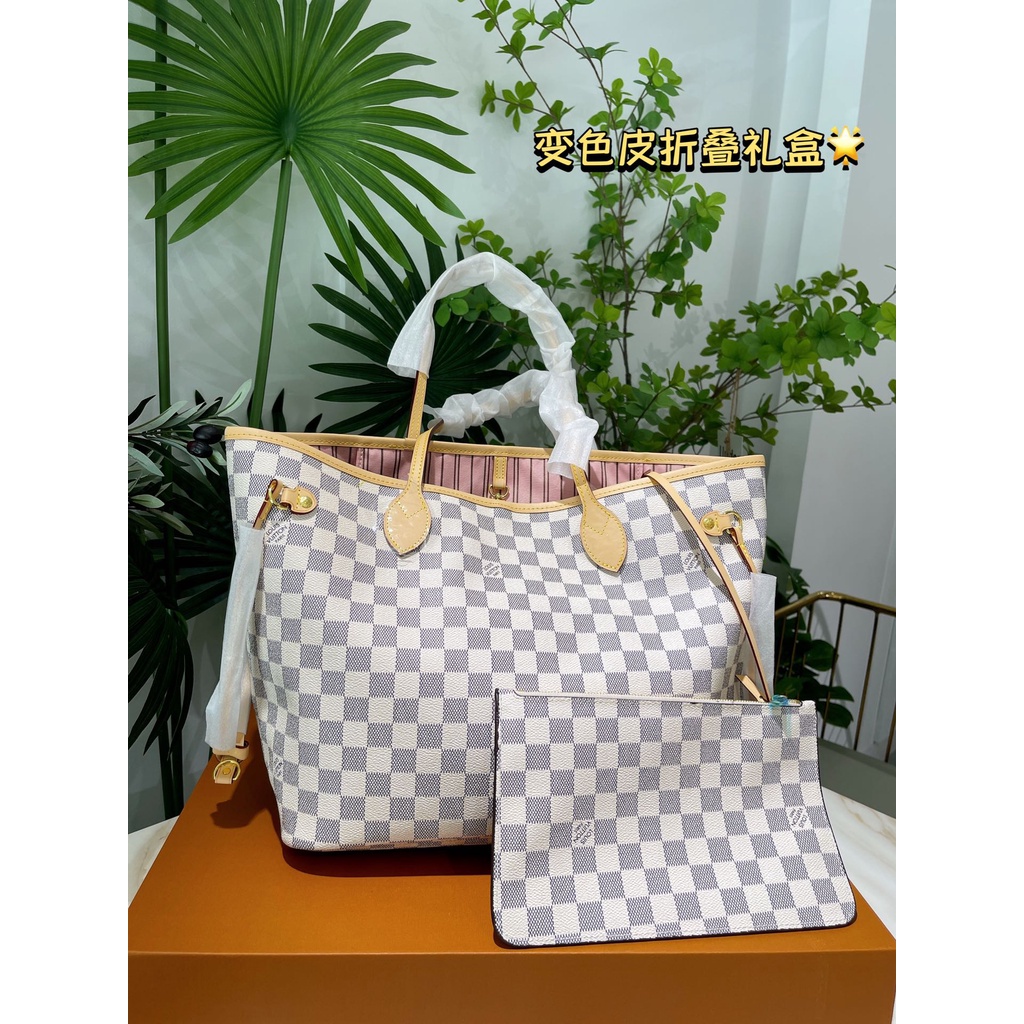 LV_Full Packaging Neverfull Series Checkered Monogram Coated Women Leather White 32cm Tote Bag ...