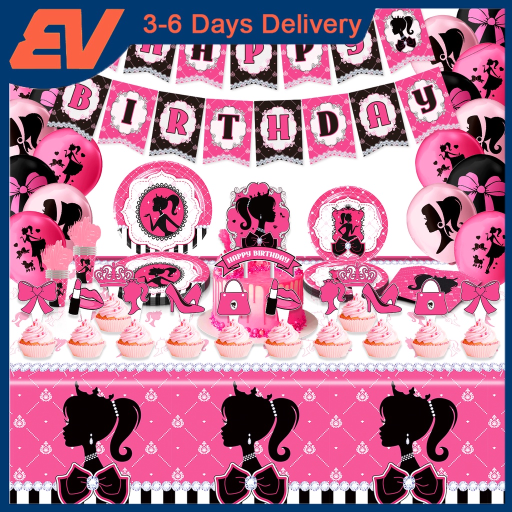 Pink Barbie Theme Party Decoration Pull Flag Banner Cake Insert Balloon ...